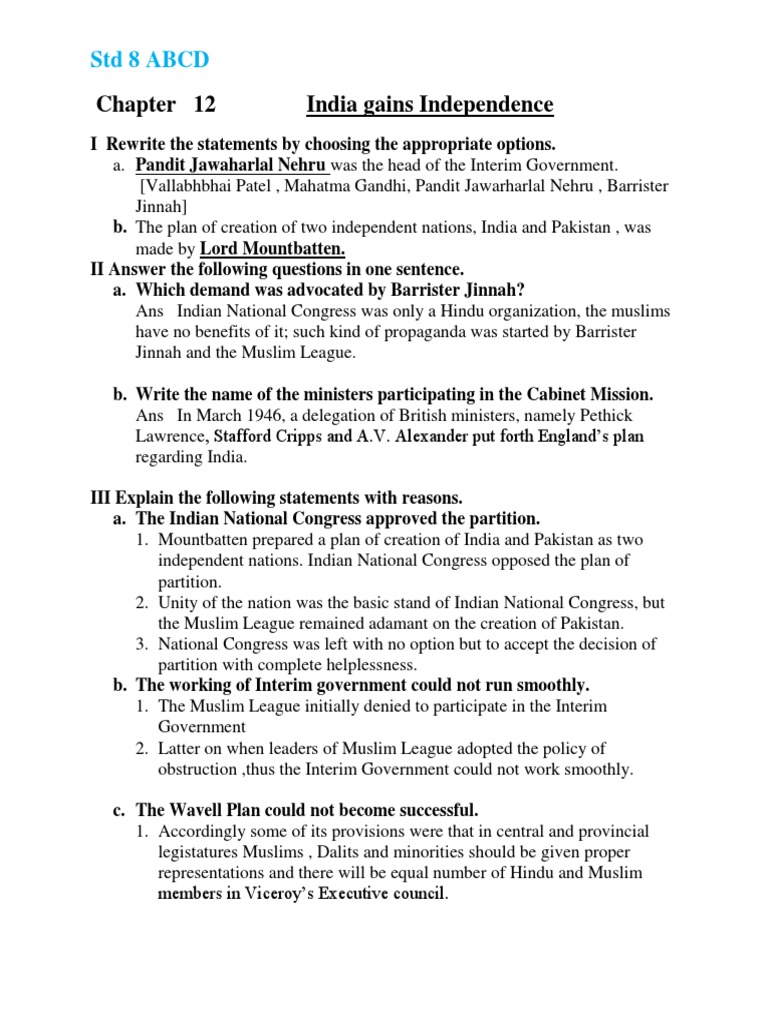Chapter 12 India Gains Independence: STD 8 Abcd | PDF | Muhammad Ali ...