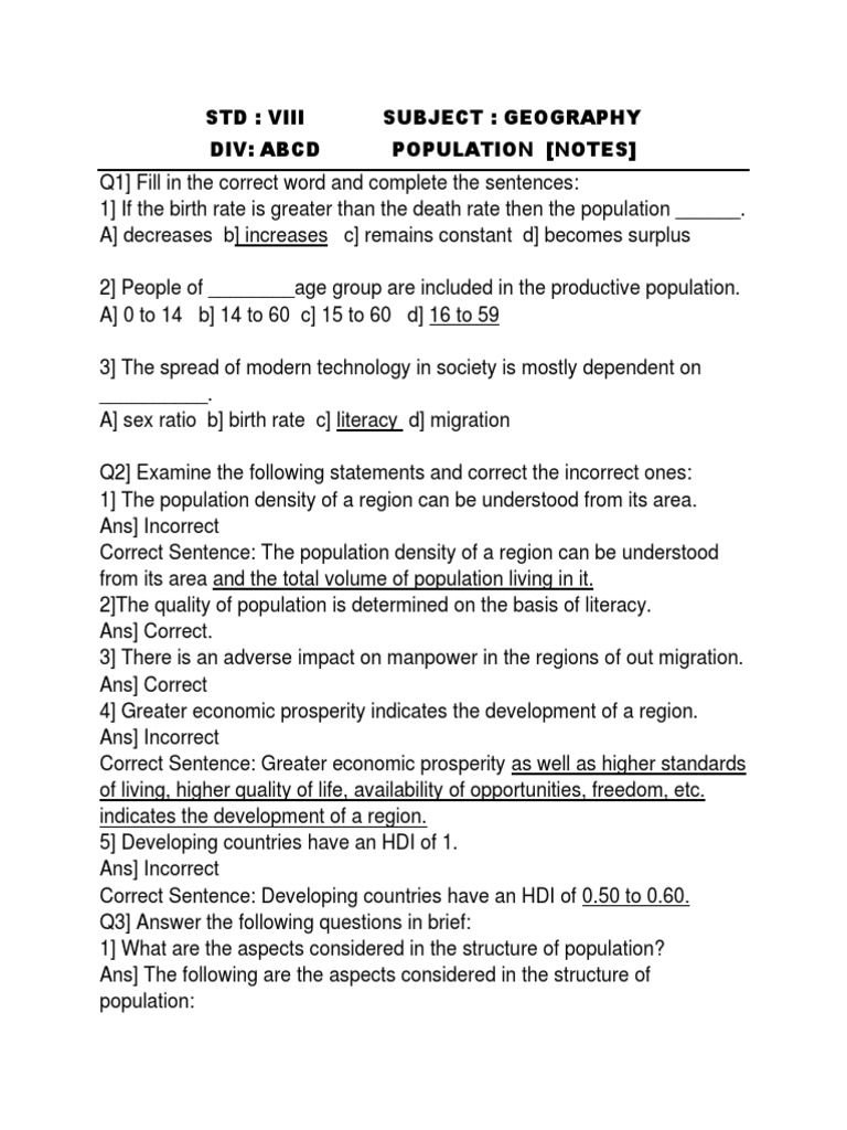 STD: Viii Subject: Geography Div: Abcd Population (Notes) | PDF | Human ...