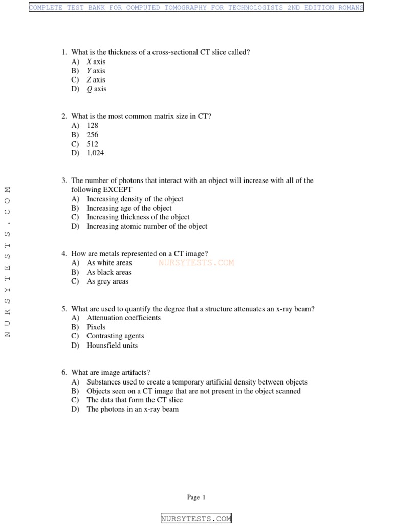 Test Bank Computed Tomography For Technologists 2nd Edition Romans ...