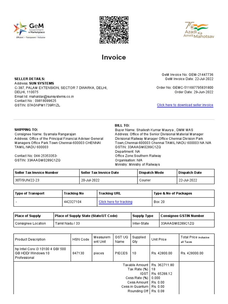 Invoice for the Supply of 10 HP Intel Core i3 Desktop Computers to the ...