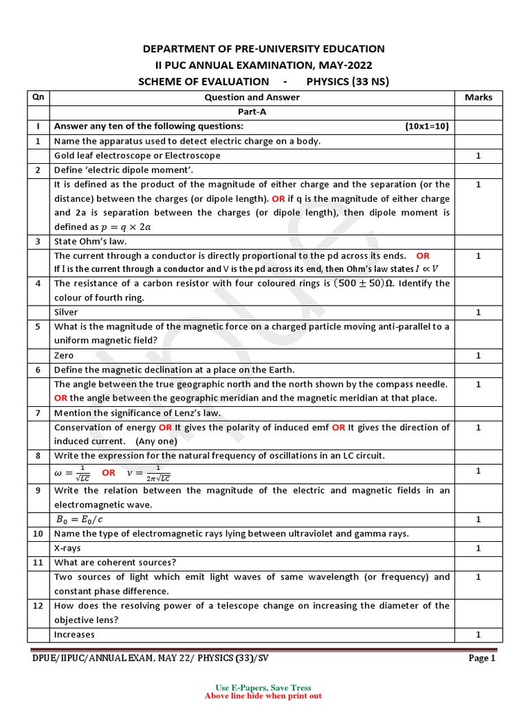 Department of Pre-University Education Ii Puc Annual Examination, May ...
