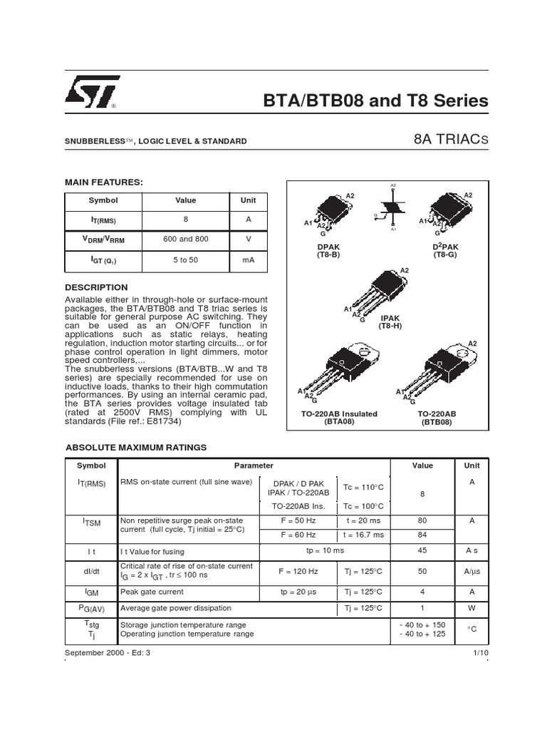 BTA/BTB08 and T8 Series: 8A Triac | PDF | Root Mean Square | Electrical ...