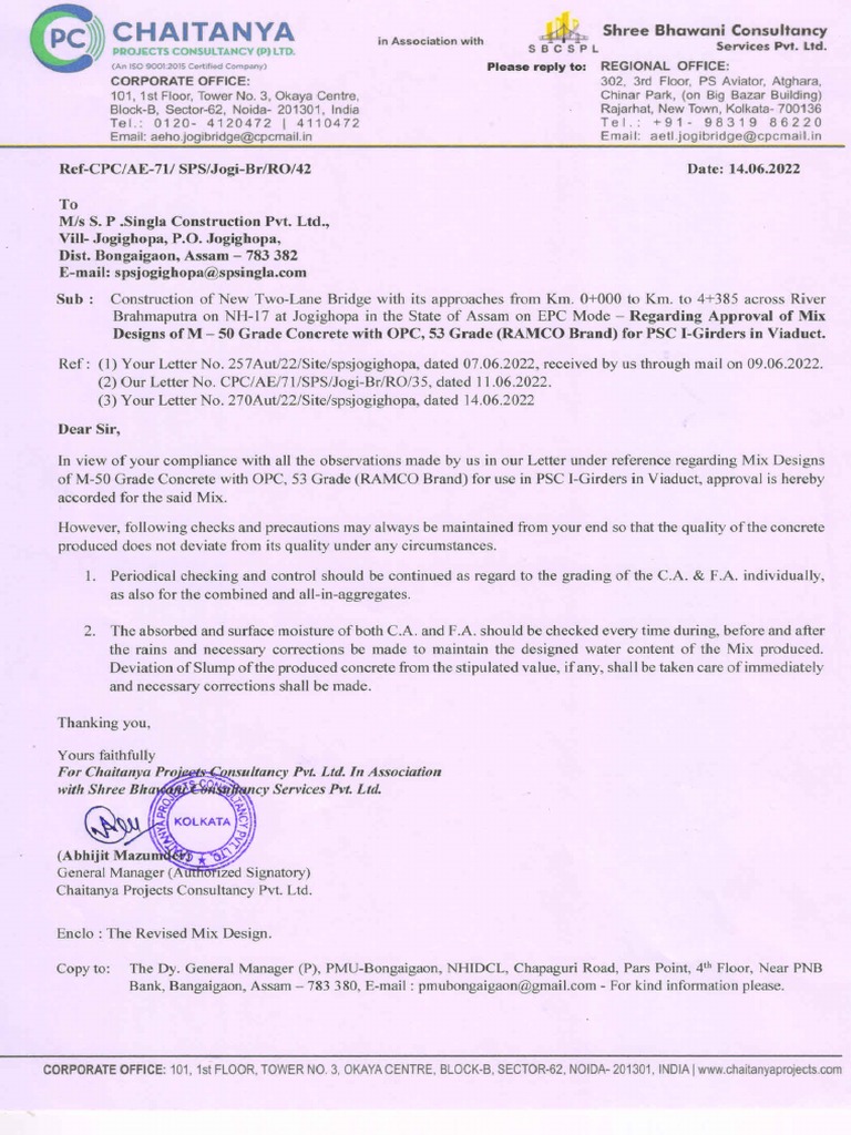 42.letter To EPC Contractor - Reg. Appr of of Mix Design of M-50 Gr ...