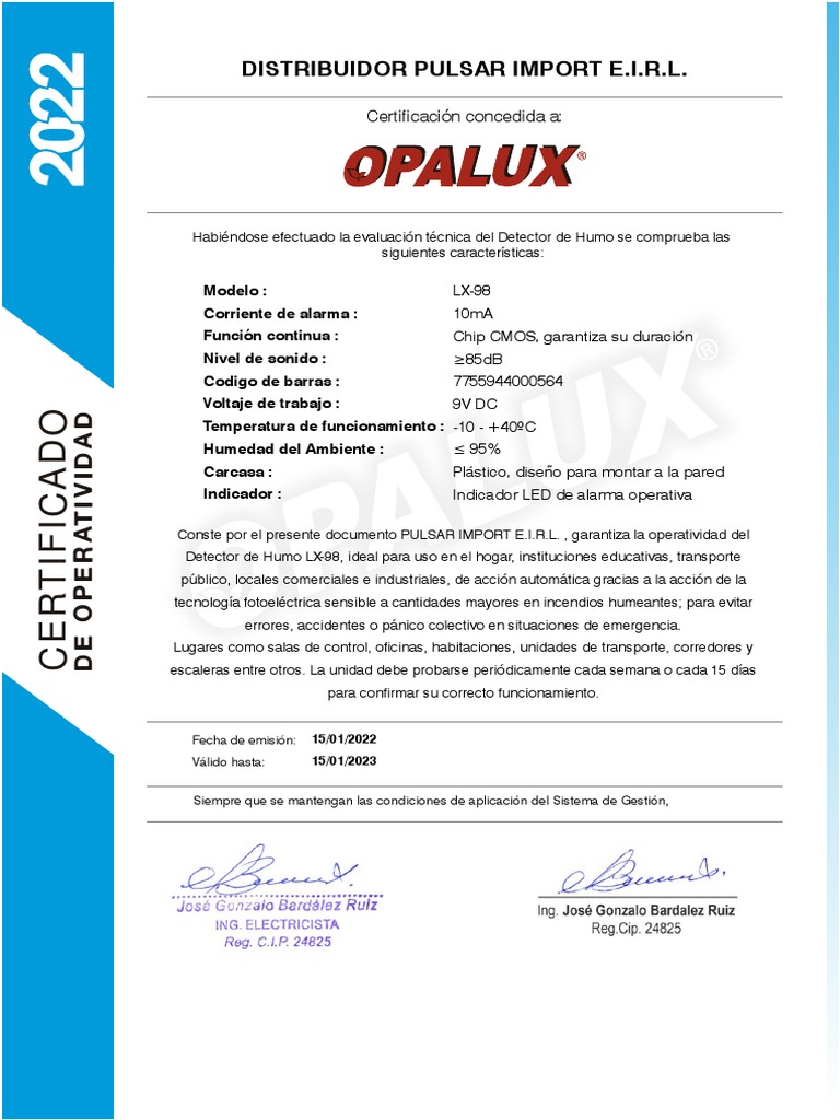 LX-98 Certificado Opalux | PDF