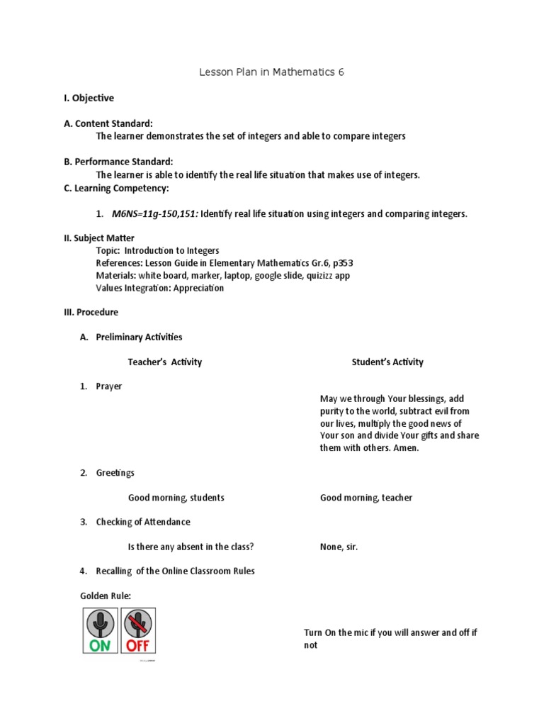 Lesson Plan in Mathematics 6 | PDF | Lesson Plan | Integer