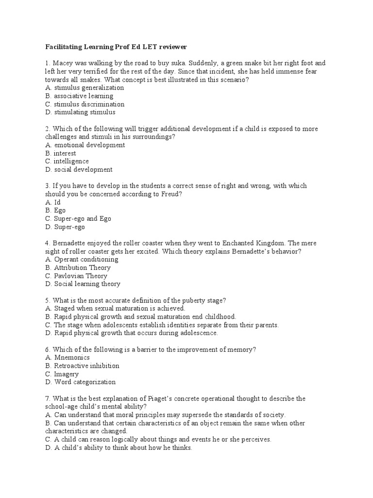 LET Reviewer for Facilitating Learning | PDF | Learning | Child Development