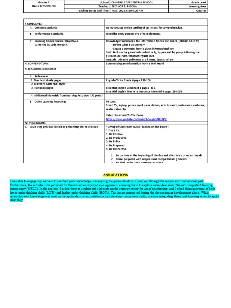 Cot - DLP English 6 - Summarizing Informations Heard by Master Teacher Eva M. Corvera | PDF ...