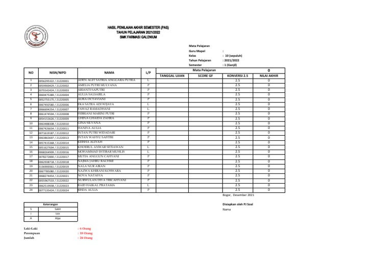 Form Nilai Pas Ganjil KLS 10 | PDF