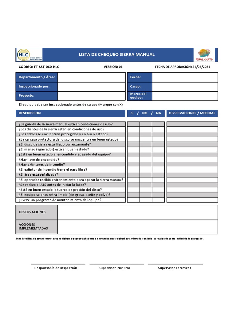 FT-SST-060 Inspeccion de Sierra Manual | PDF