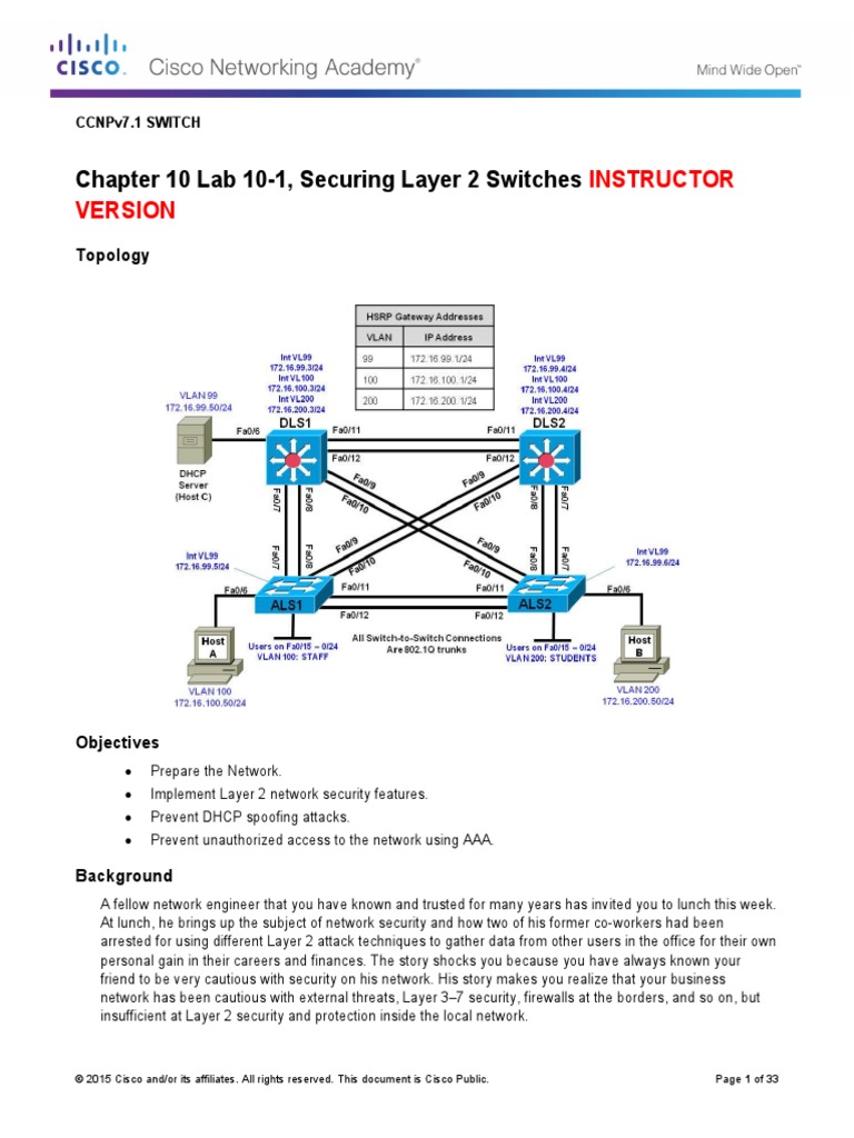 Chapter 10 Lab 10-1, Securing Layer 2 Switches: Instructor | PDF ...