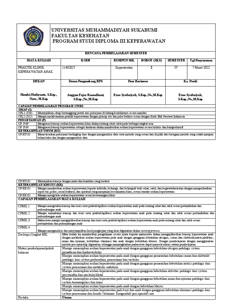 RPS PKK Anak Prodi DIII Keperawatan - 2022 | PDF