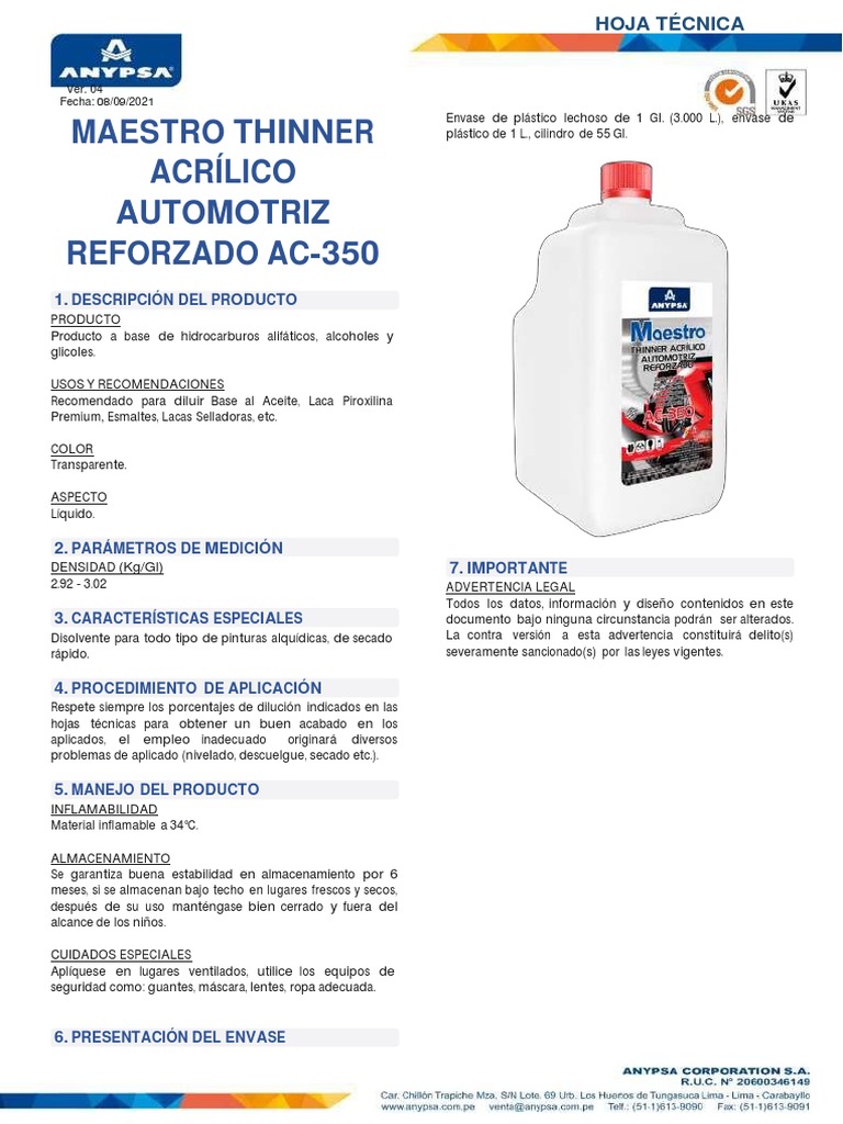 Maestro Thinner Acrilico Automotriz Reforzado Ac 350 | PDF