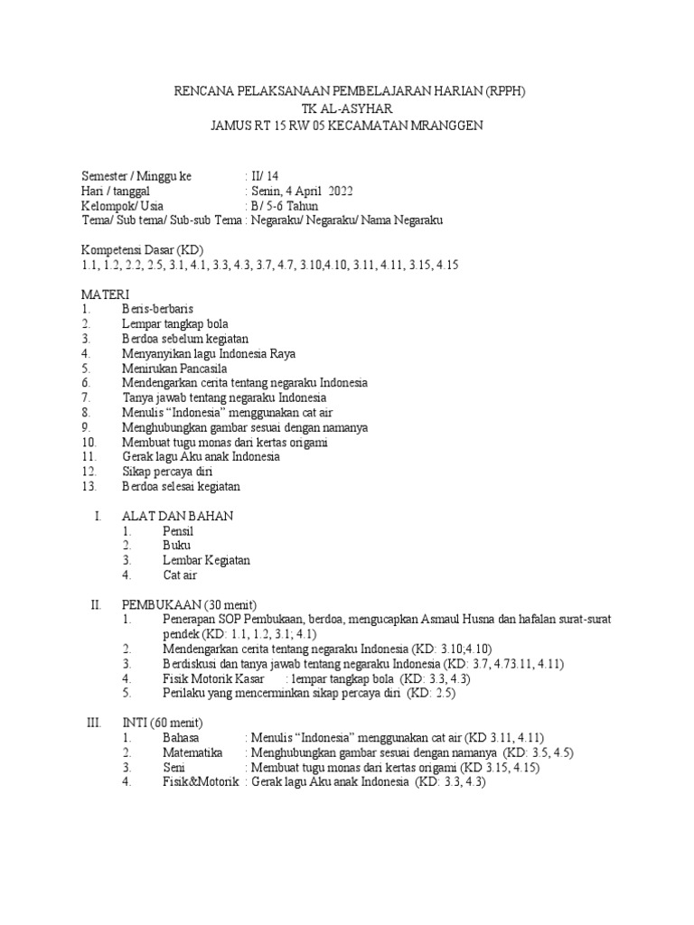 RPPH TK B AREA Semester 2 Minggu 14 Negaraku | PDF