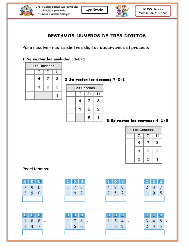 Restas de Tres Dígitos para 3er Grado | PDF | Matemáticas