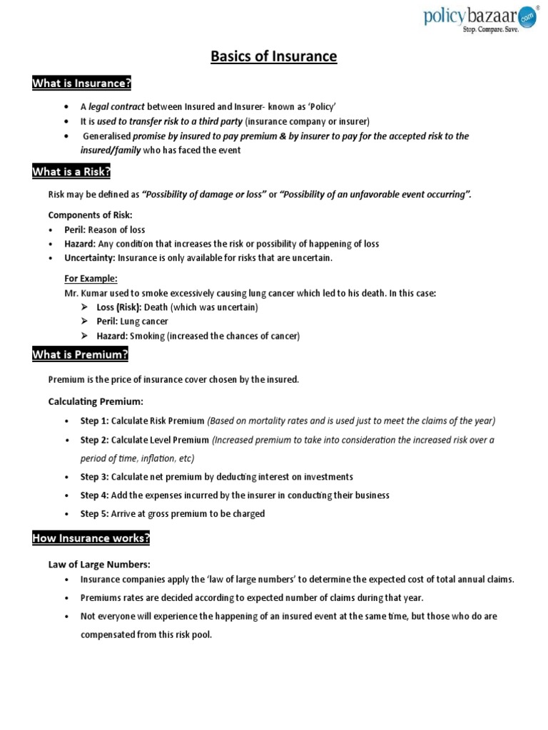 Basics of Insurance Handout | PDF | Insurance | Life Insurance