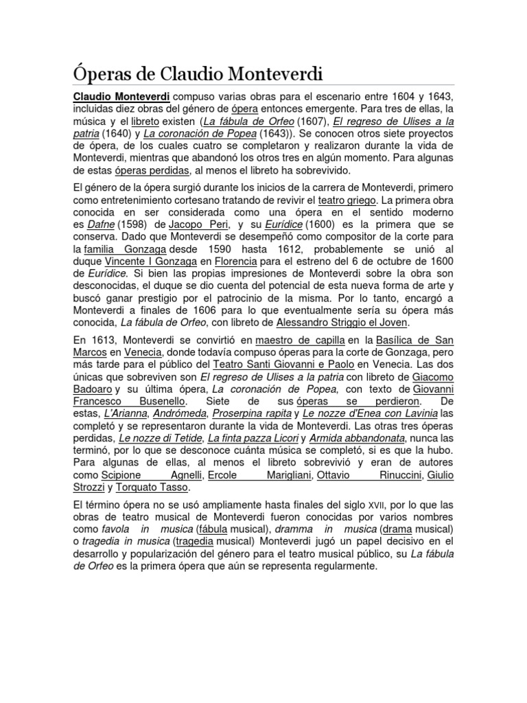 Óperas de Monteverdi: Legado y Obras | PDF | Las artes escénicas ...