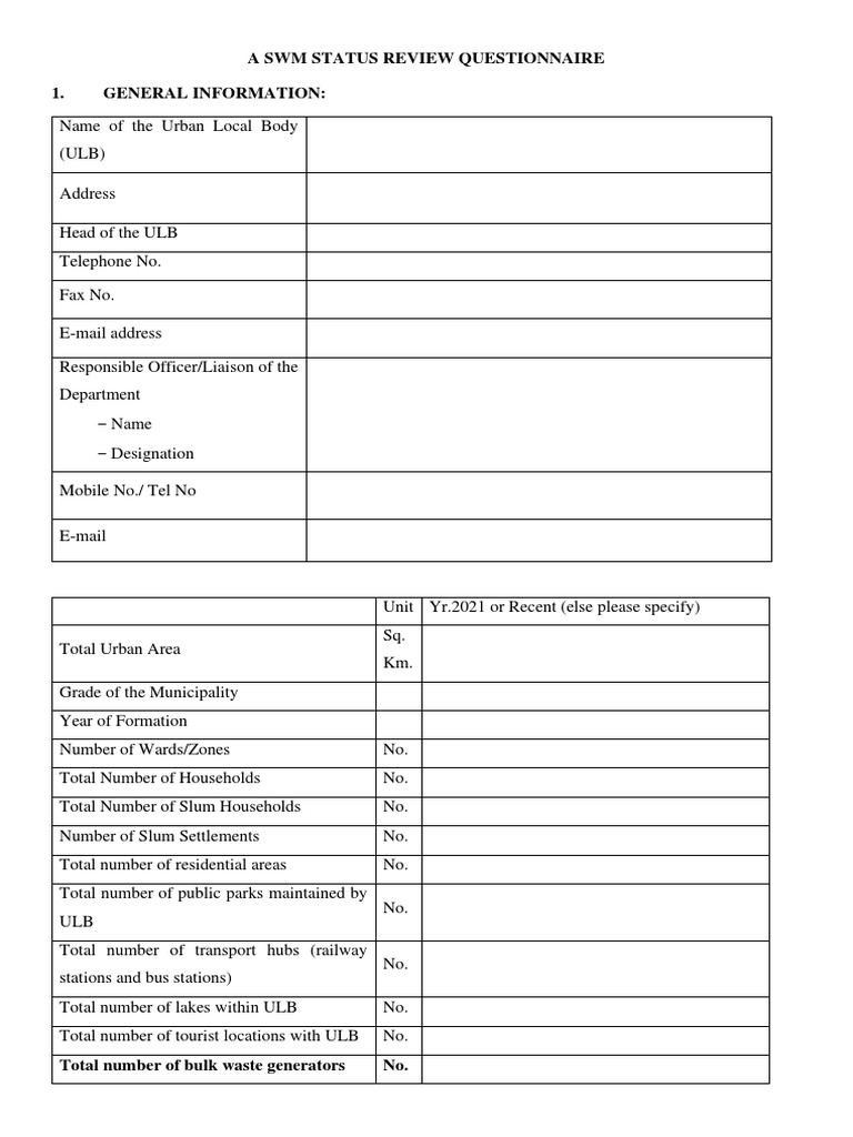A SWM Status Review Questionnaire | PDF | Waste | Waste Management