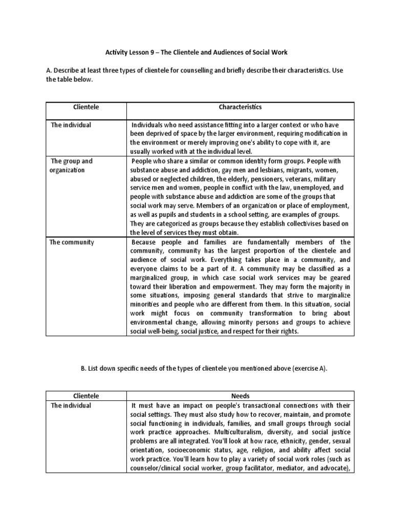 Activity Lesson 9 - The Clientele and Audiences of Social Work | PDF