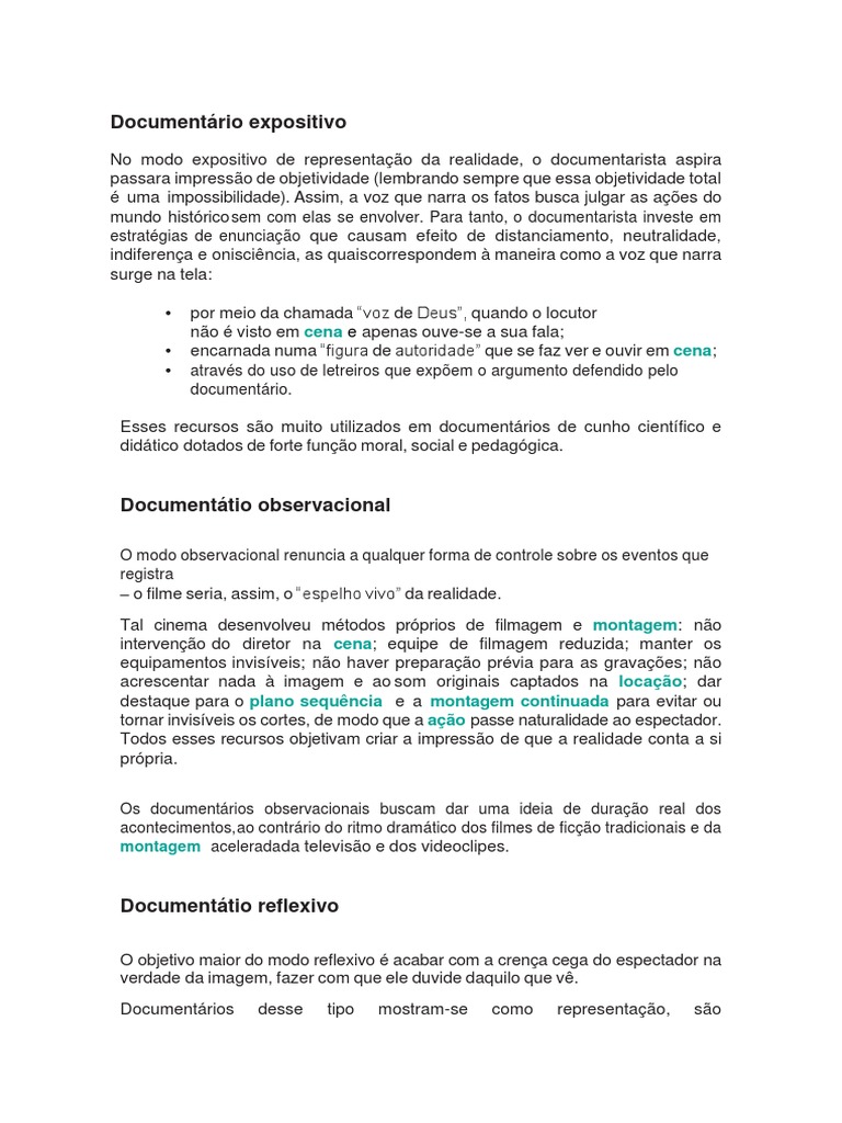 Documentário Expositivo, Observacional, Reflexivo e Poético | PDF ...