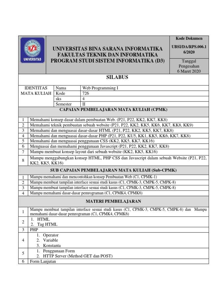 SILABUS WebProgramming1 UBSI | PDF