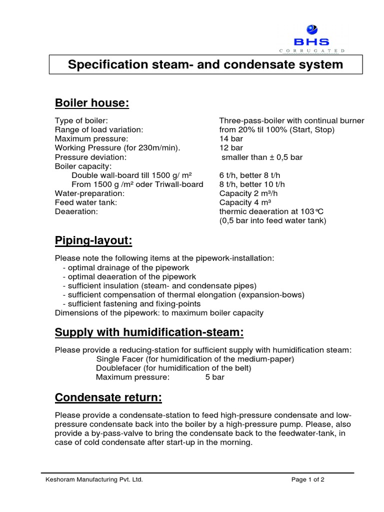 13.specification Steam and Condensate System | PDF | Boiler | Steam