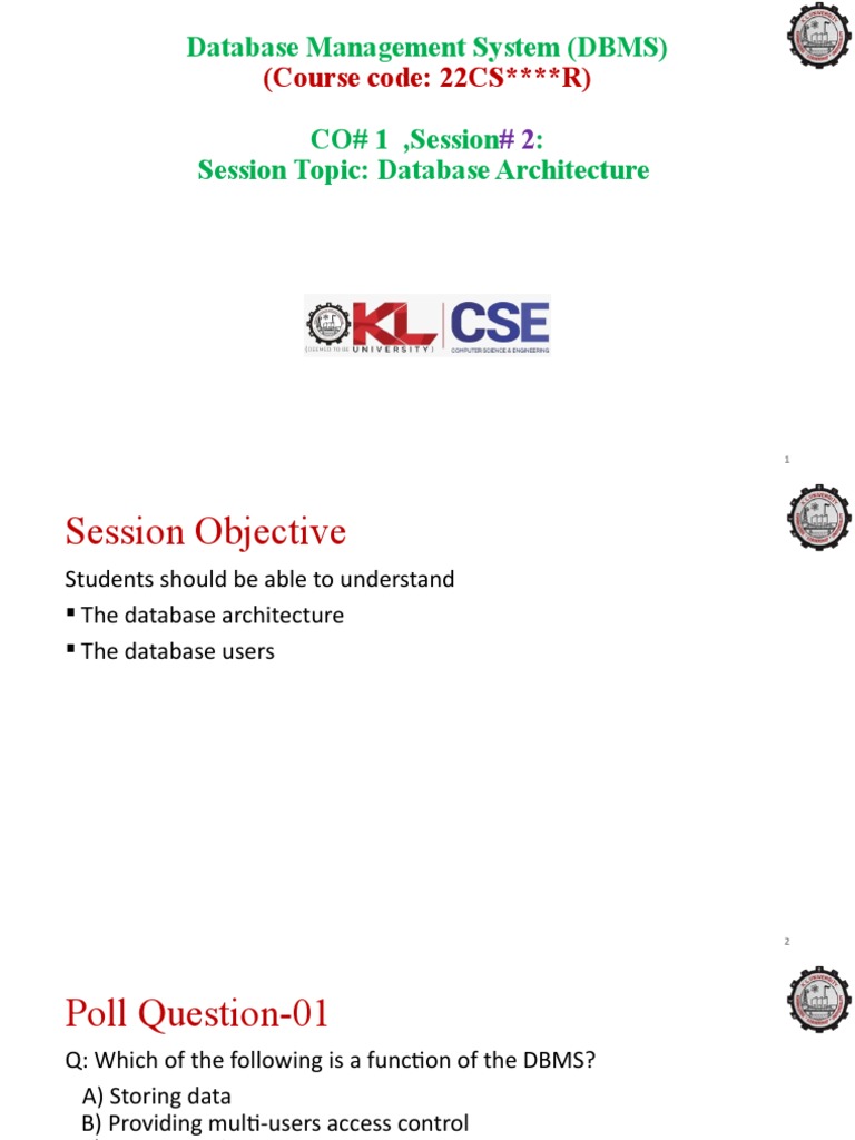 Database Management System Dbms Co 1 Session Session Topic Database Architecture