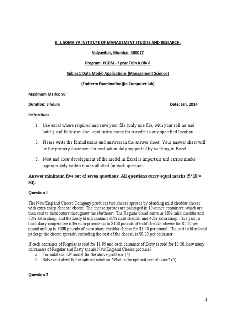 Instructions: Answer Minimum Five Out of Seven Questions. All Questions ...