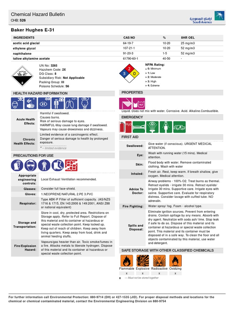 Chemical Hazard Bulletin: Baker Hughes E-31 | PDF | Water | Burn