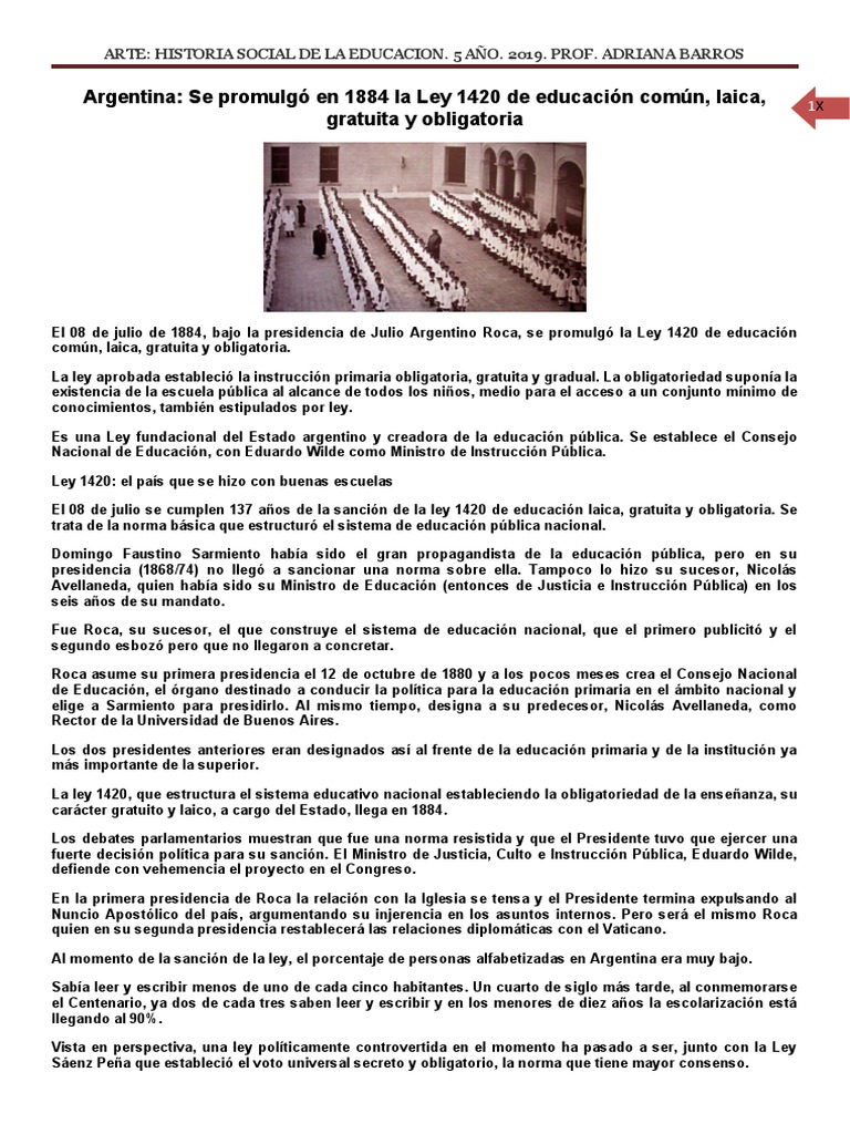 Ley 1420 | Descargar gratis PDF | Educación primaria | Iglesia Católica