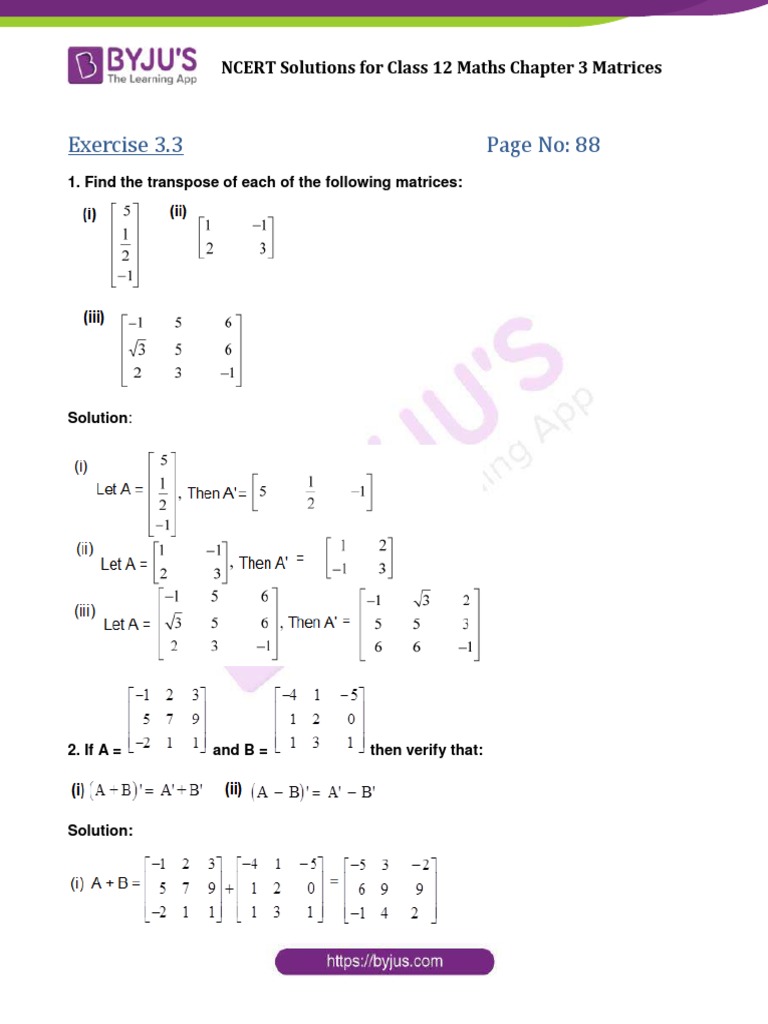 NCERT Solutions For Class 12 Maths Chapter 3 Matrices Exercise 3.3 | PDF | Matrix (Mathematics ...