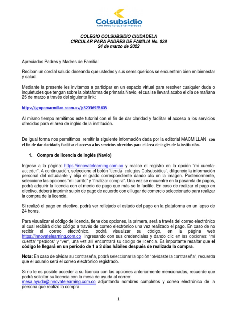 Circular 028 Plataforma de Ingles Navio Primaria | Descargar gratis PDF | Contraseña ...