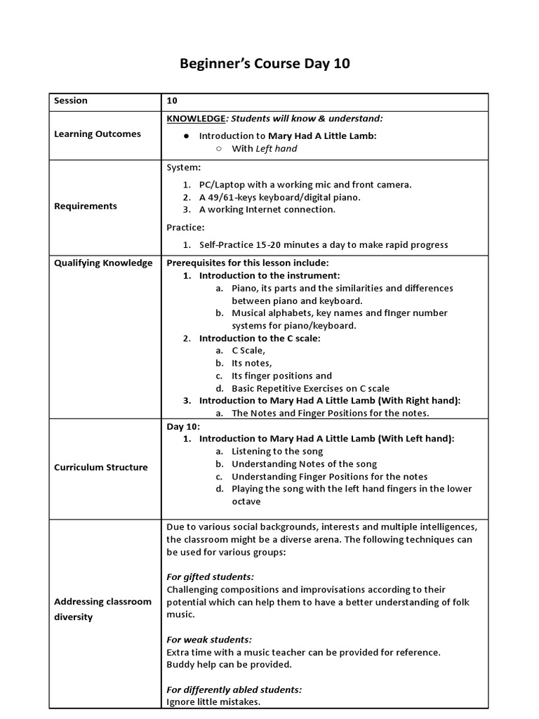 Piano Curriculum For 4-8 Years Old Group Lesson | PDF | Piano | Curriculum