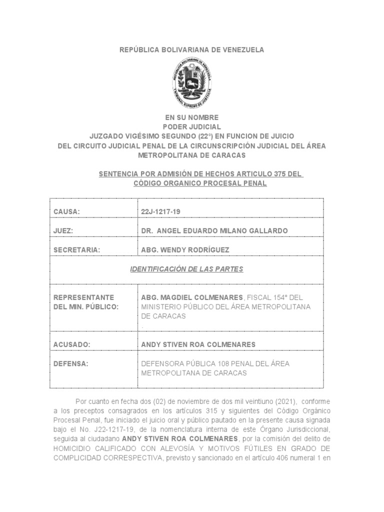 1217-19 Admision - Andy Roa | PDF | Derecho penal | Homicidio