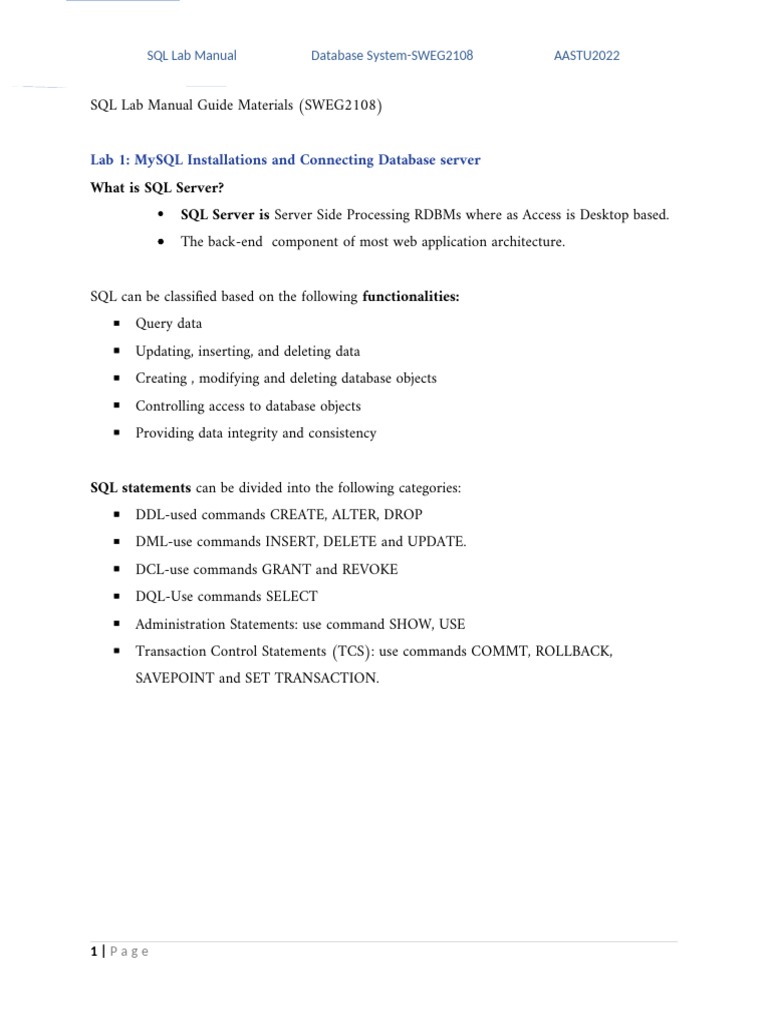 SQL Lab Manual Guide Materials | PDF | Relational Database | Sql