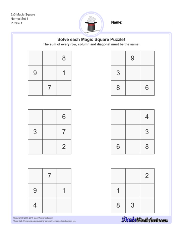 Math Worksheets - Magic Square - Magic Square - 3x3 Magic Square Normal ...