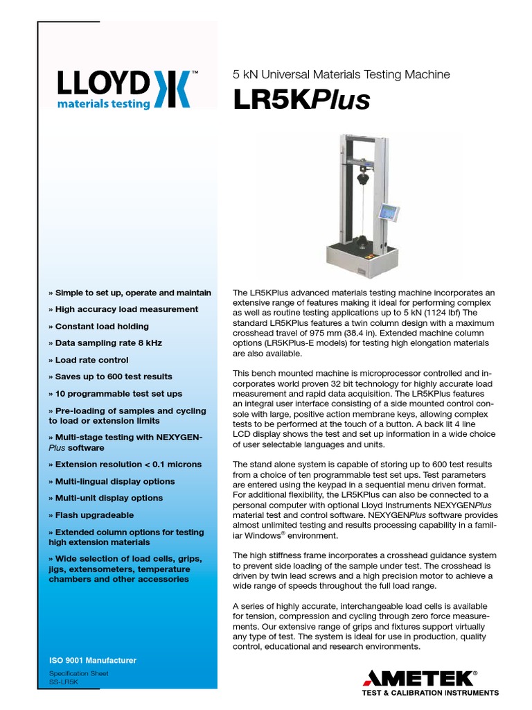 Lr5Kplus: 5 KN Universal Materials Testing Machine | PDF | Calibration ...