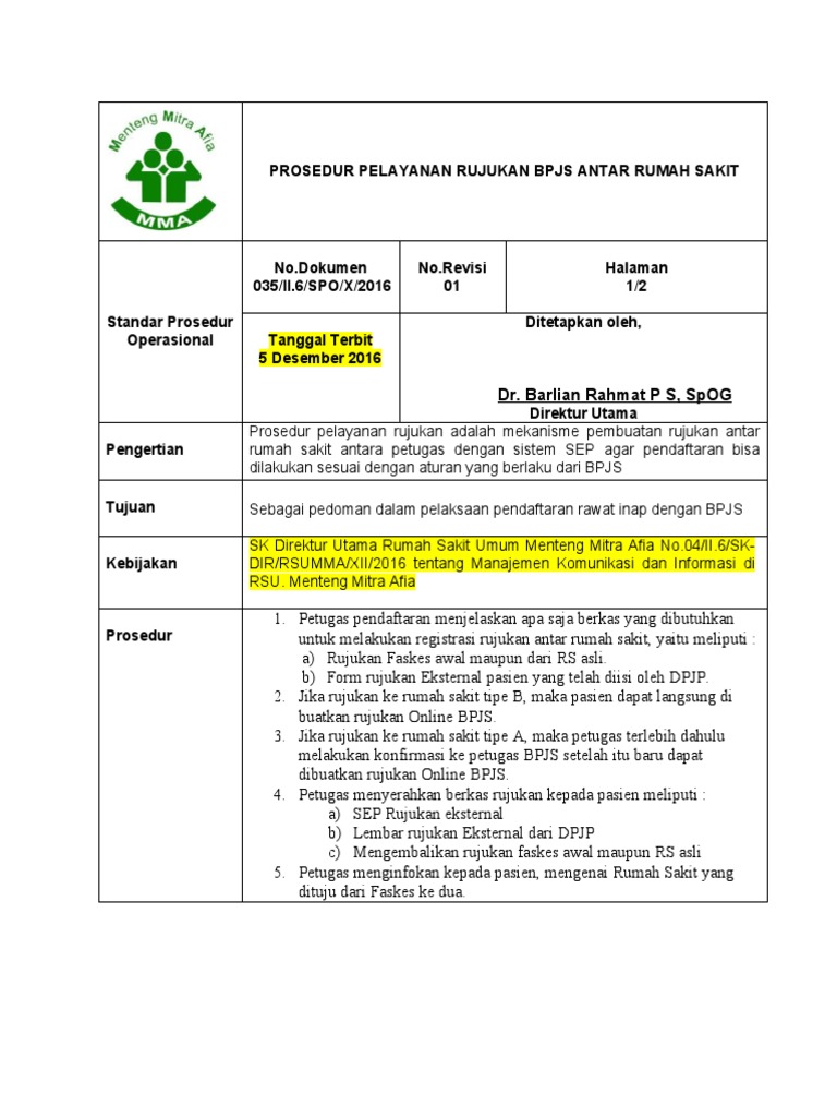 Spo Prosedur Pelayanan Rujukan BPJS Antar Rumah Sakit | PDF