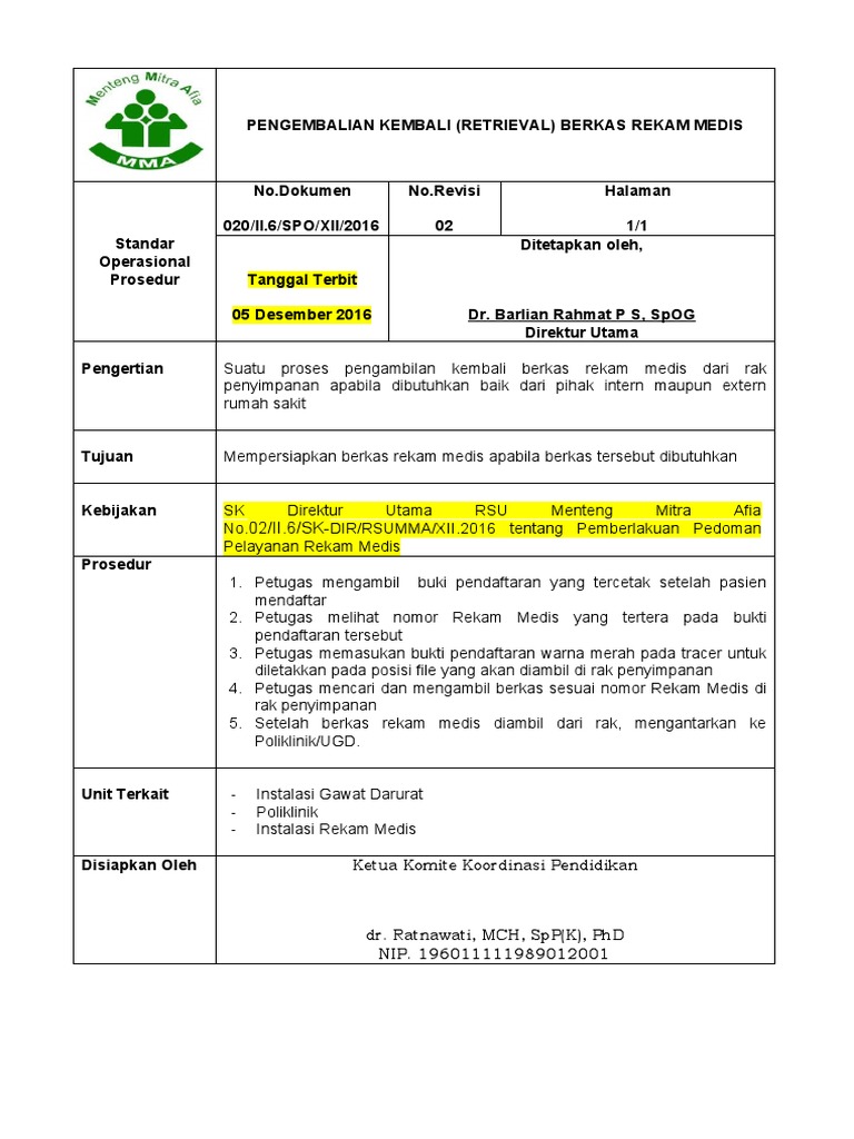 SPO Pengembalian Kembali (Retrieval) Berkas Rekam Medis | PDF