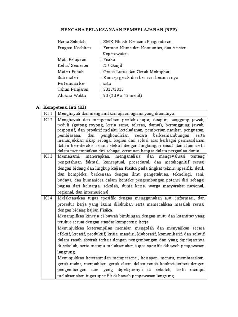 RPP Fisika Pertemuan 1 | PDF