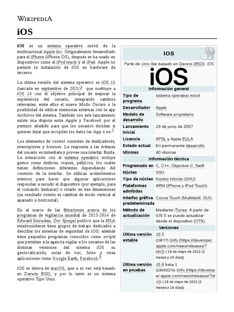 iOS Es Un Sistema Operativo Móvil de La: Parte de Unix-Like Basado en ...