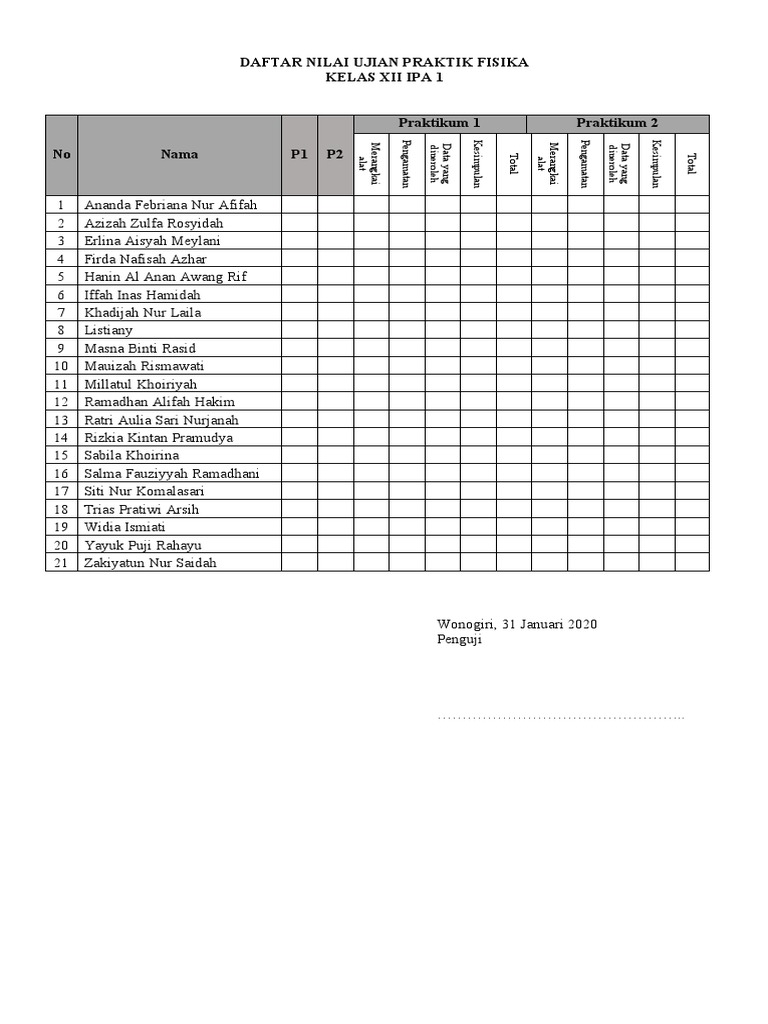 Daftar Nilai Ujian Praktik Fisika | PDF