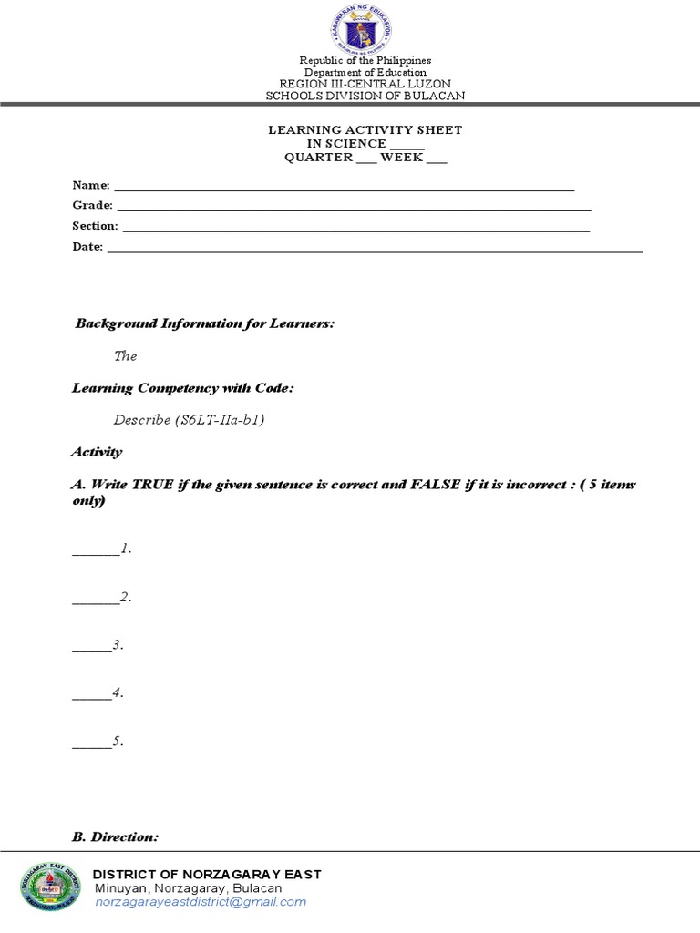 Science Learning Activity Sheets Template Grade 4 To Grade 6 | PDF ...