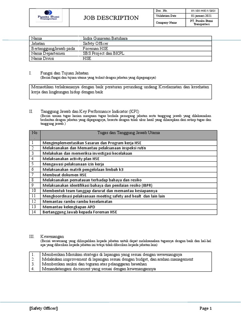 Job Desc Safety Officer | PDF