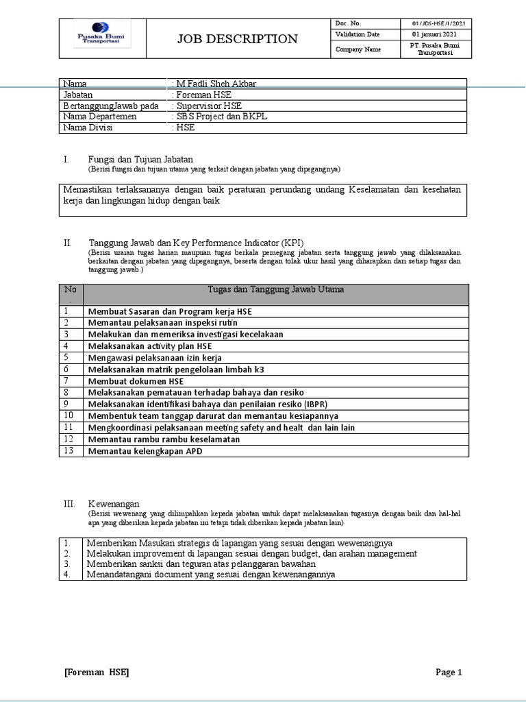 Job Desc Forman HSE | PDF