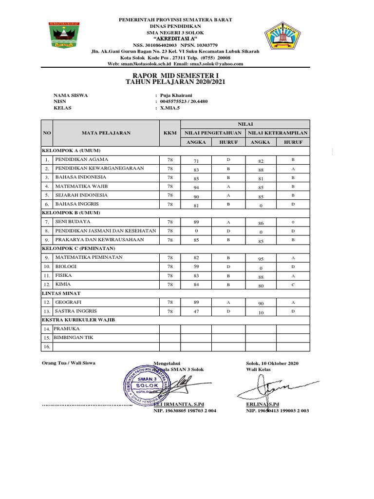 RAPOR MID SEMESTER I SMAN 3 SOLOK 2020 | PDF