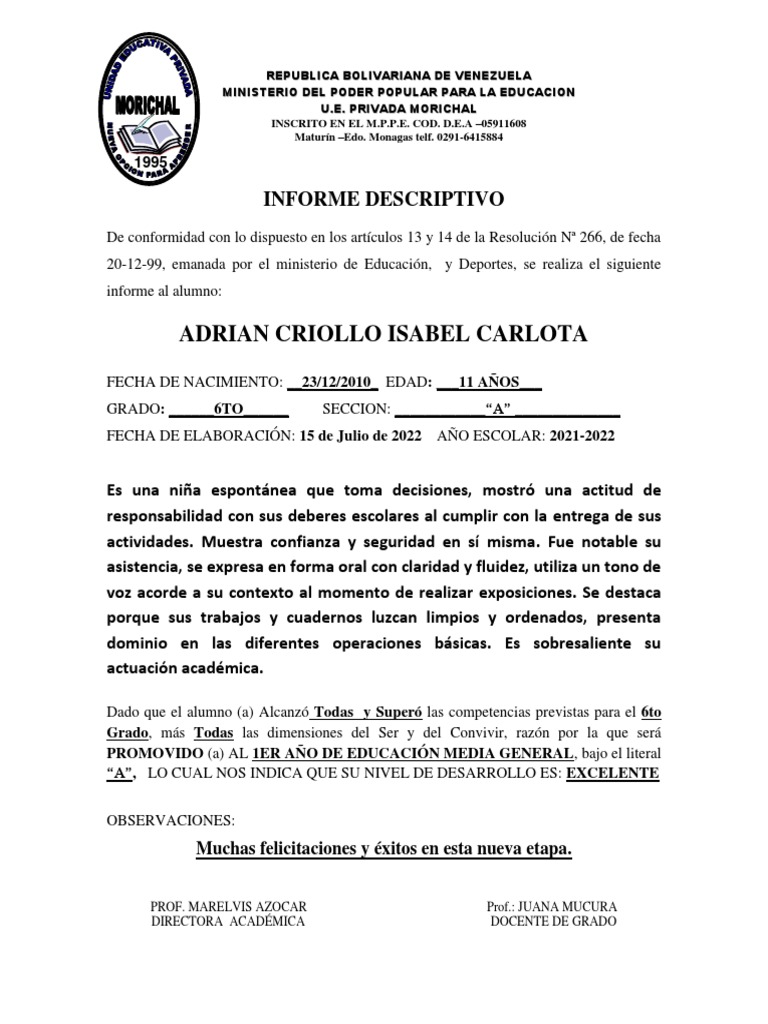 Informe Descriptivo | PDF | Maestros | Venezuela