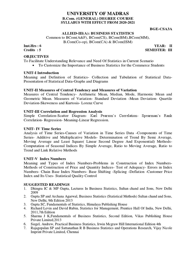 Madras University Business Statistics Syllabus | PDF | Statistics | Average