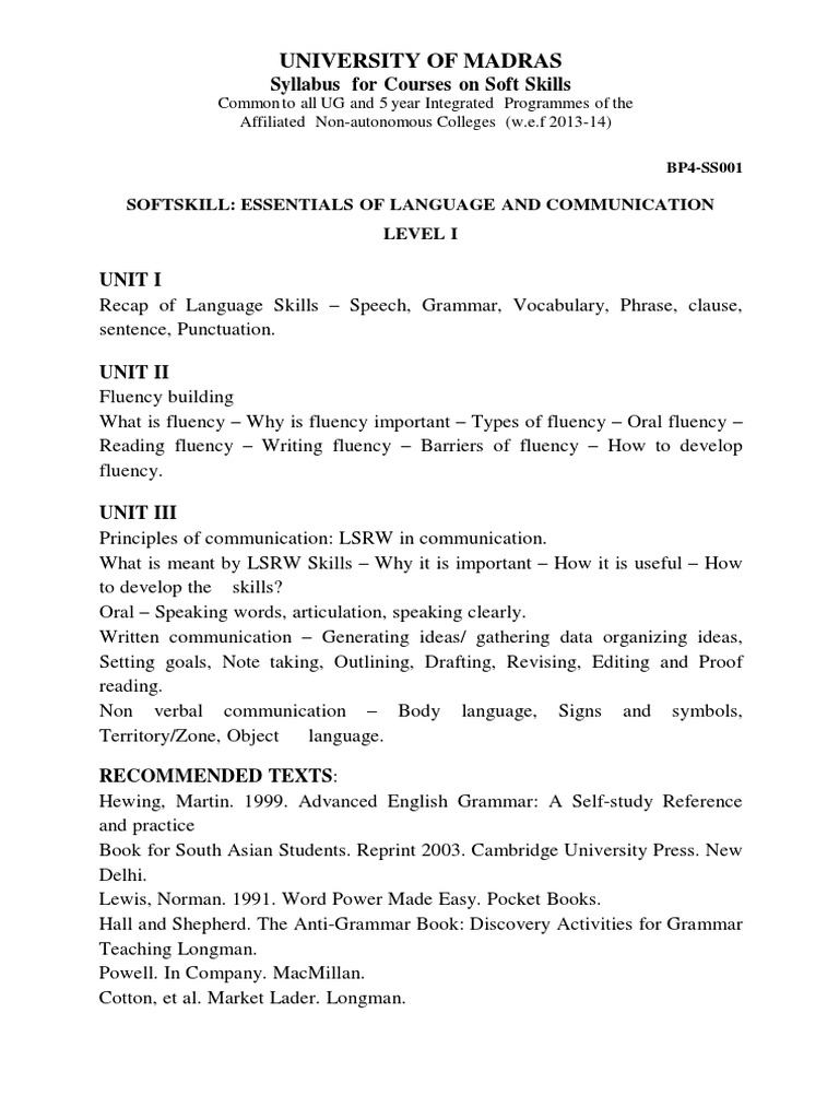 Essentials of English and Communication Syllabus | PDF