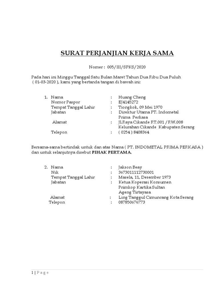 Surat Perjanjian Kerja Pdf