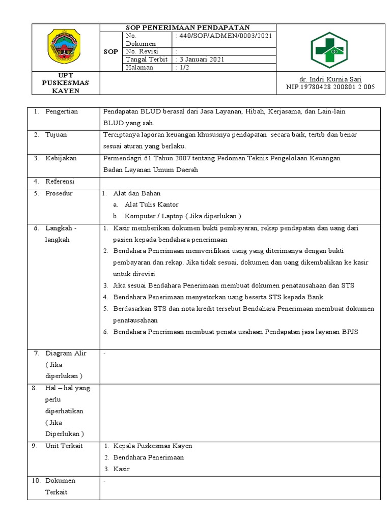SOP Penerimaan Pendapatan BLUD Puskesmas | PDF